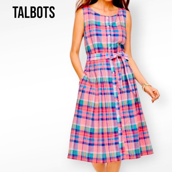 Talbots | Dresses | New Talbots Madras Plaid Button Front Belted Shirt Dress Pink Blue Pockets P ...